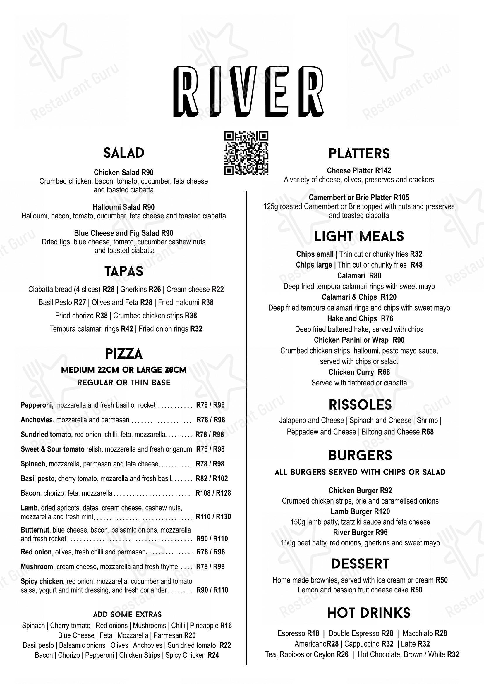 Menu at River Café restaurant, Potchefstroom