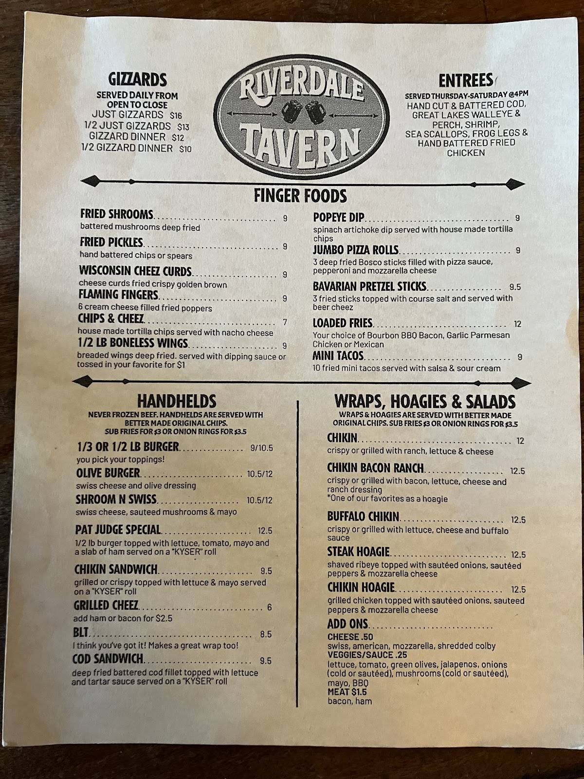 Menu at Riverdale Tavern restaurant, Riverdale