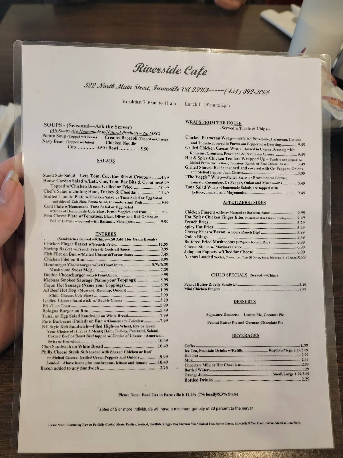 Menu at Riverside Cafe, Farmville