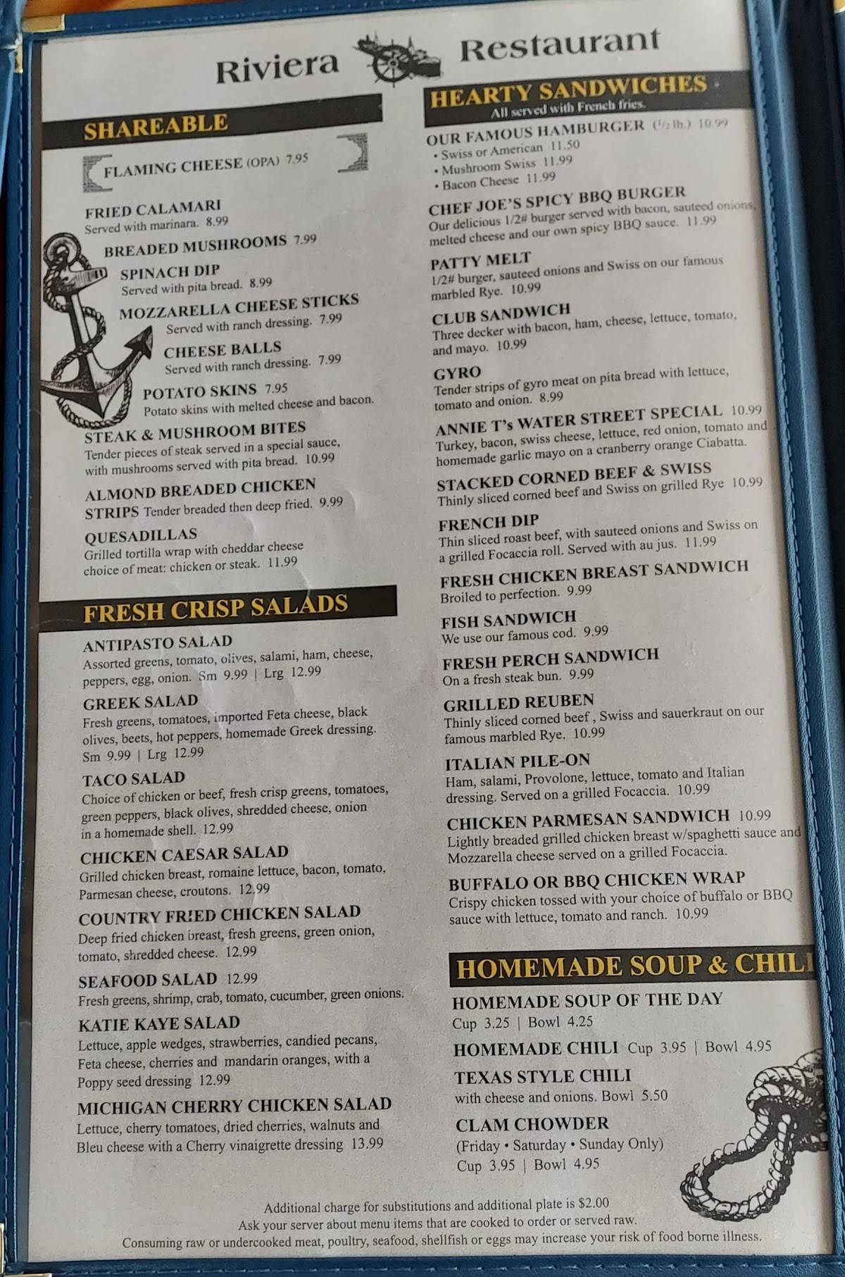 Menu at Riviera Restaurant & Bar, Marine City