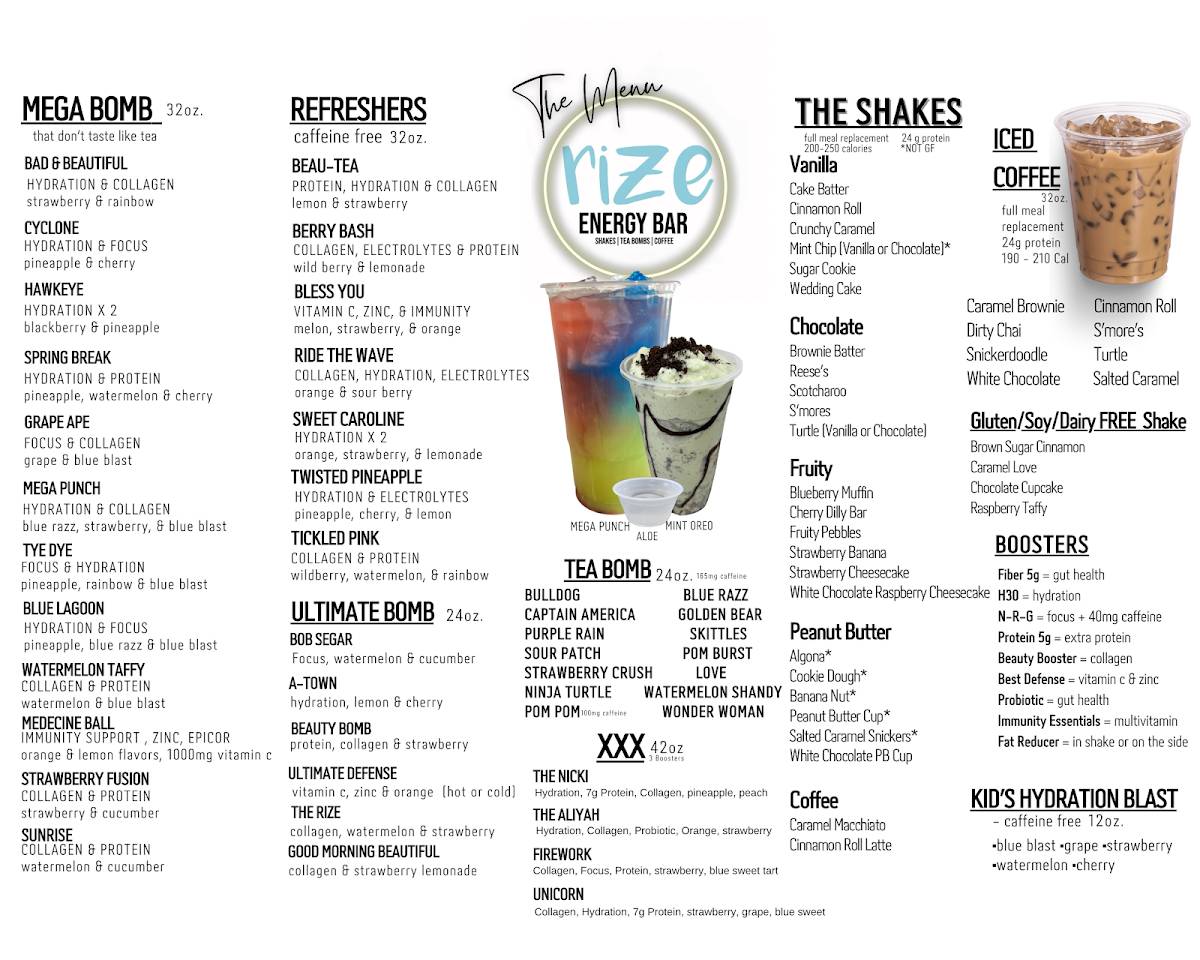 Menu at Rize Nutrition cafe, Algona