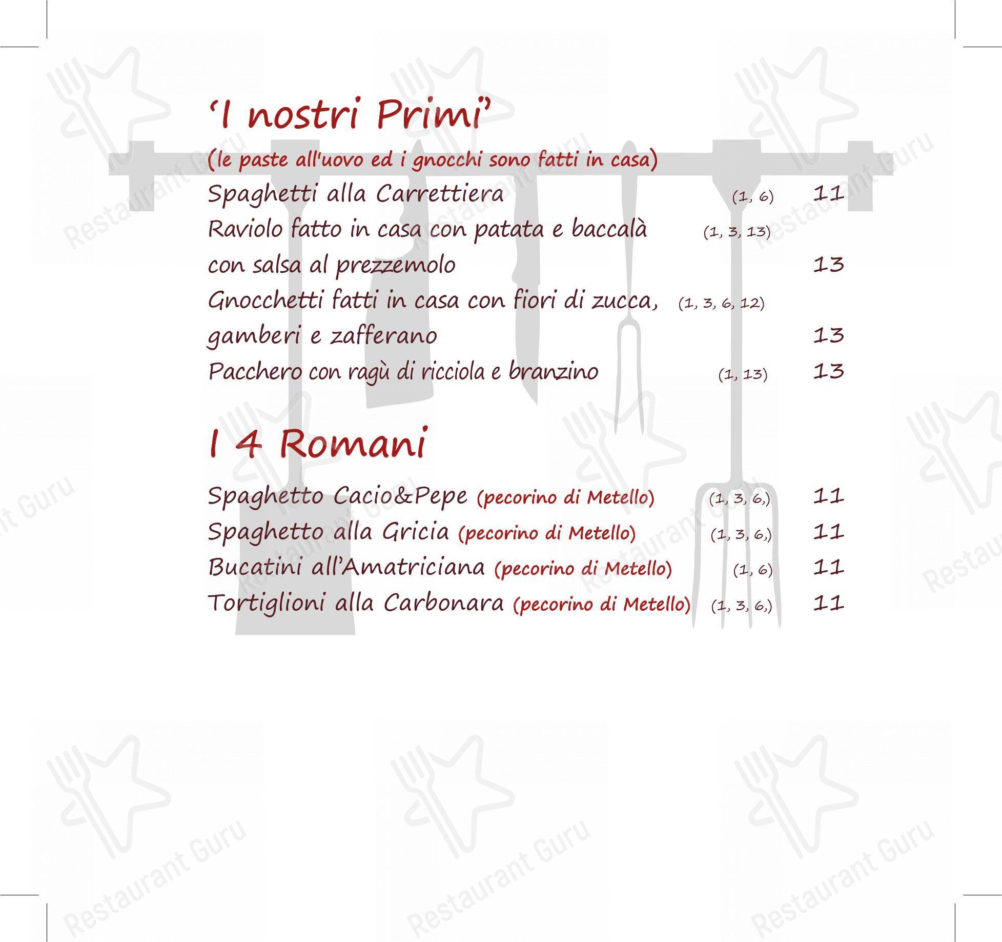 Menu au Road Mama Roma restaurant, Rome