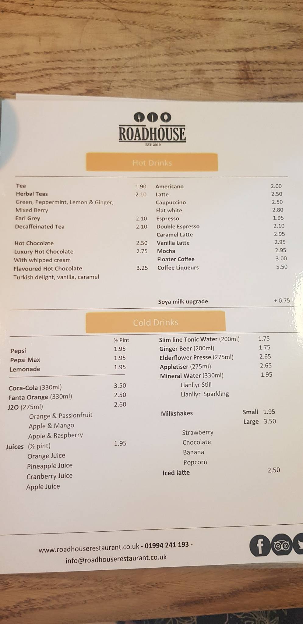 Menu at Roadhouse Whitland restaurant, Whitland, Abbey Road