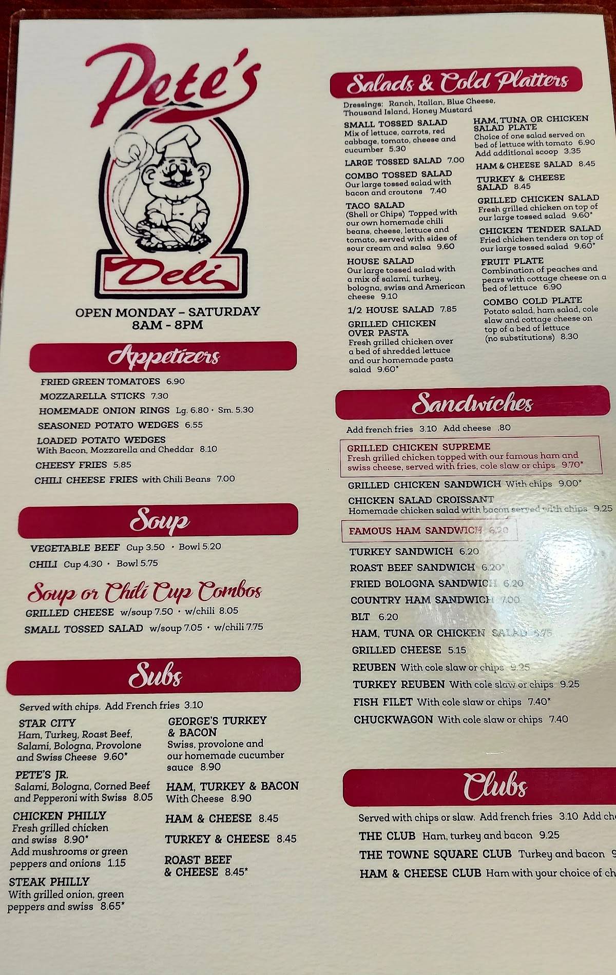 Menu at Pete's Deli & Cafe, Roanoke