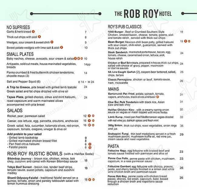 Menu at Rob Roy Hotel pub & bar, Adelaide
