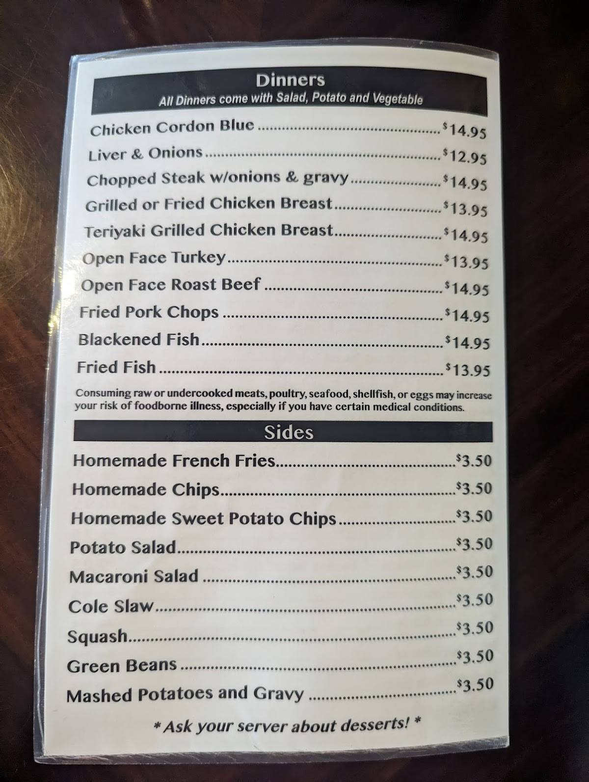 Menu at Robbie's Cafe, Live Oak