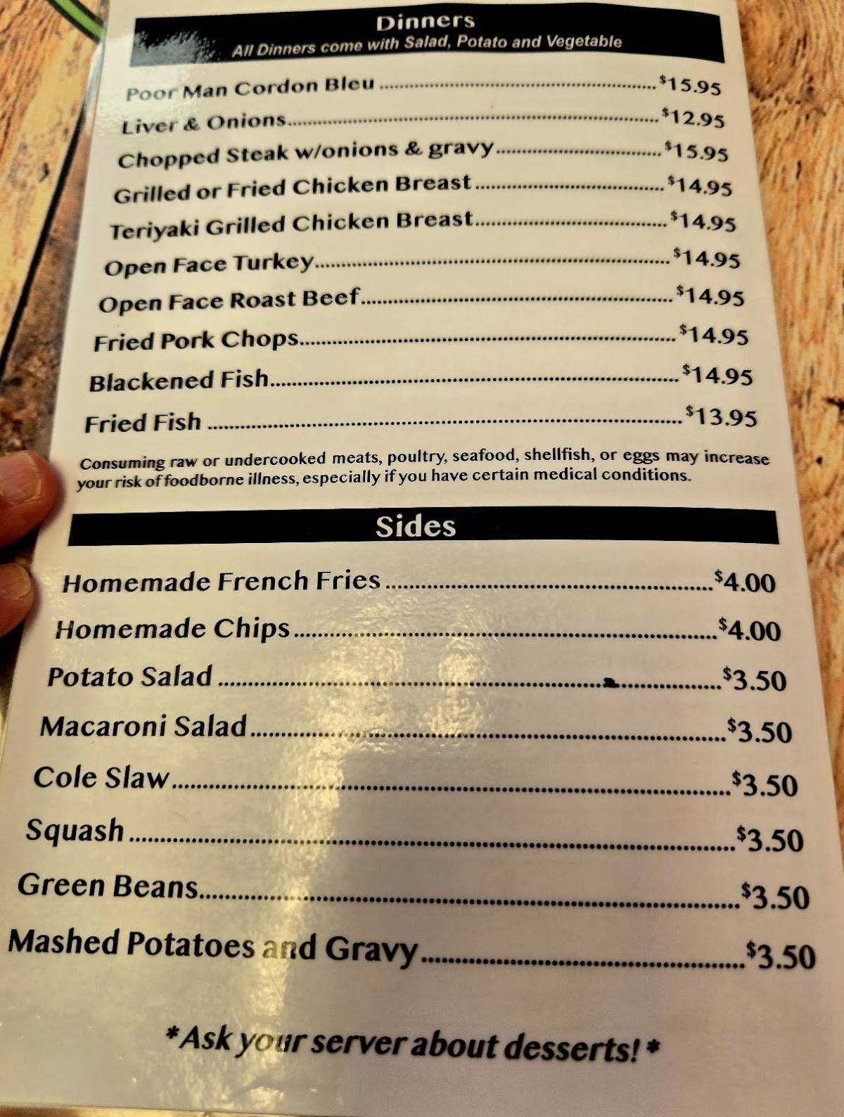 Menu at Robbie's Cafe, Live Oak