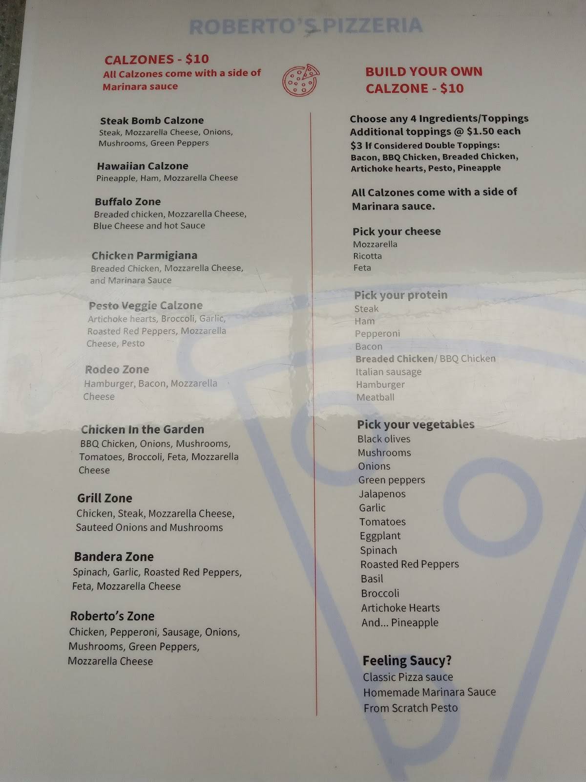 Menu at Roberto's Pizzeria, Greenfield, 80 Federal St