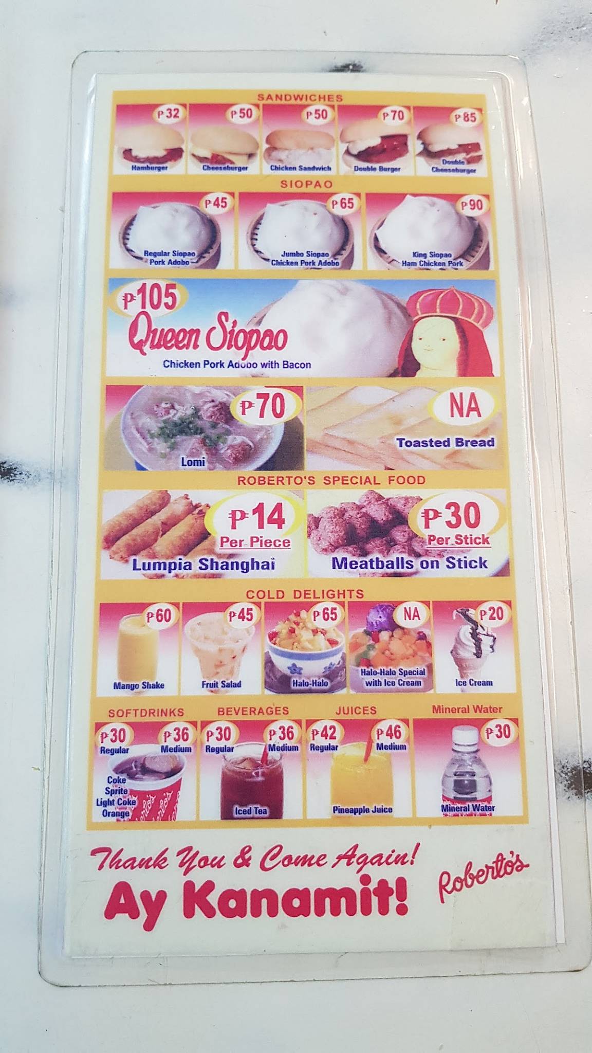 Menu at Roberto's restaurant, Iloilo City, 61 JM Basa St