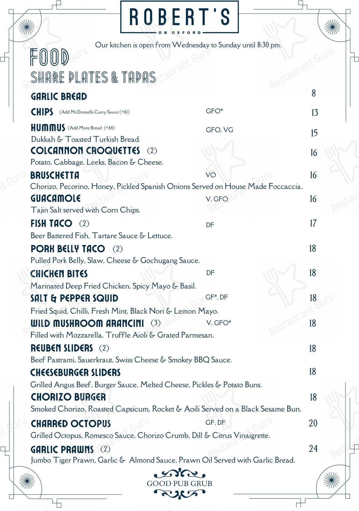 Menu at Robert’s on Oxford pub & bar, Leederville
