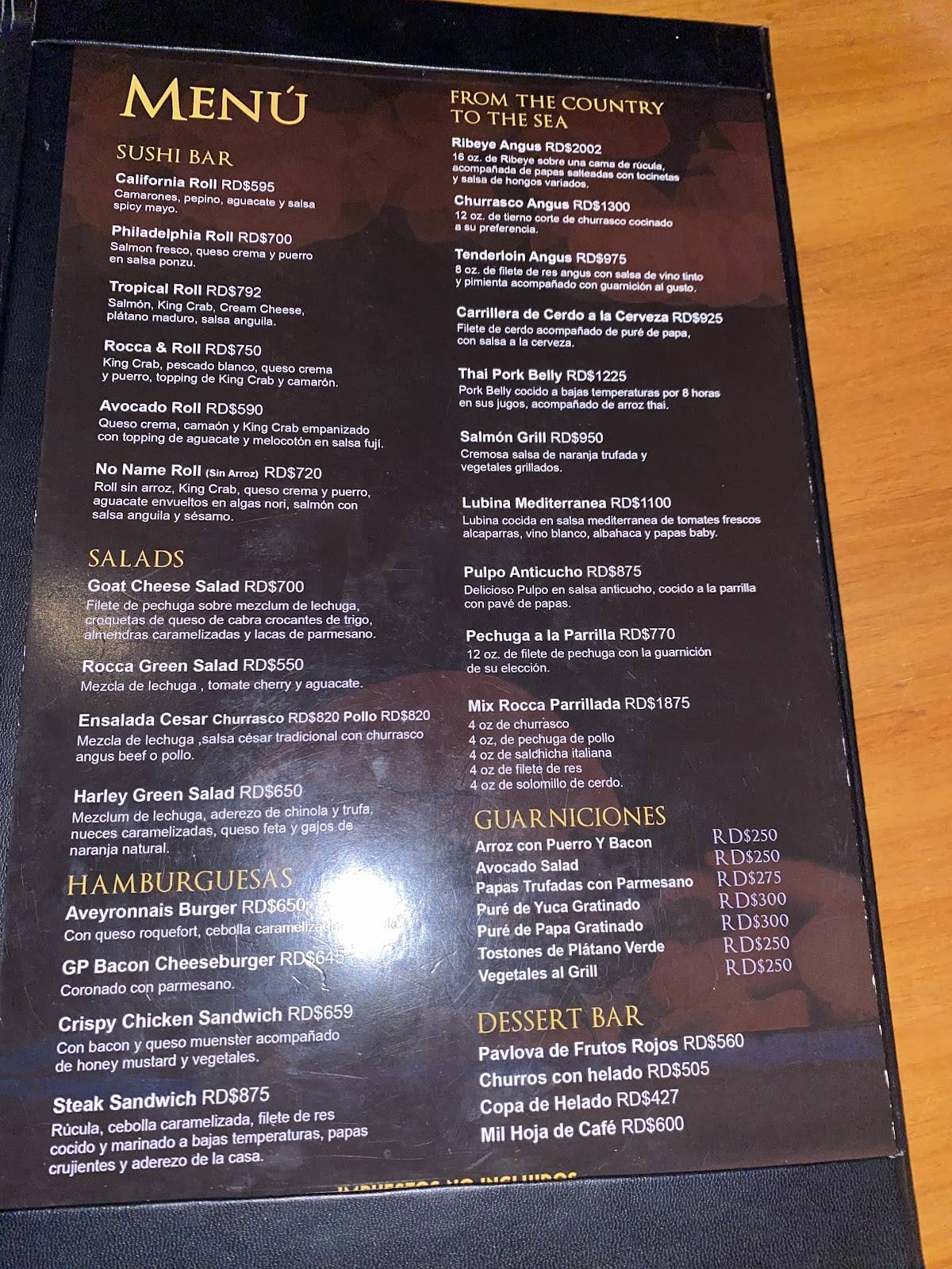 Menu at Rocca Bar, Santo Domingo