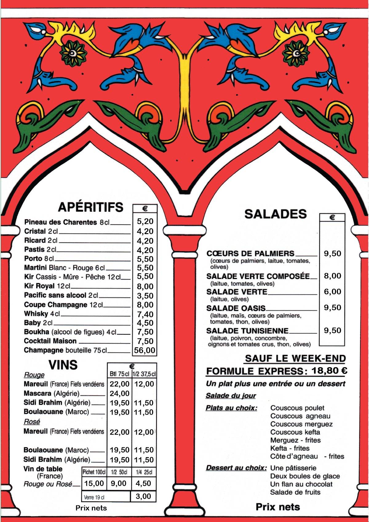 Menu at Le Palmier restaurant, Rochefort