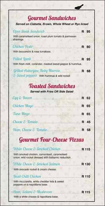 Menu at Rockafellas Cafe', Cape Town