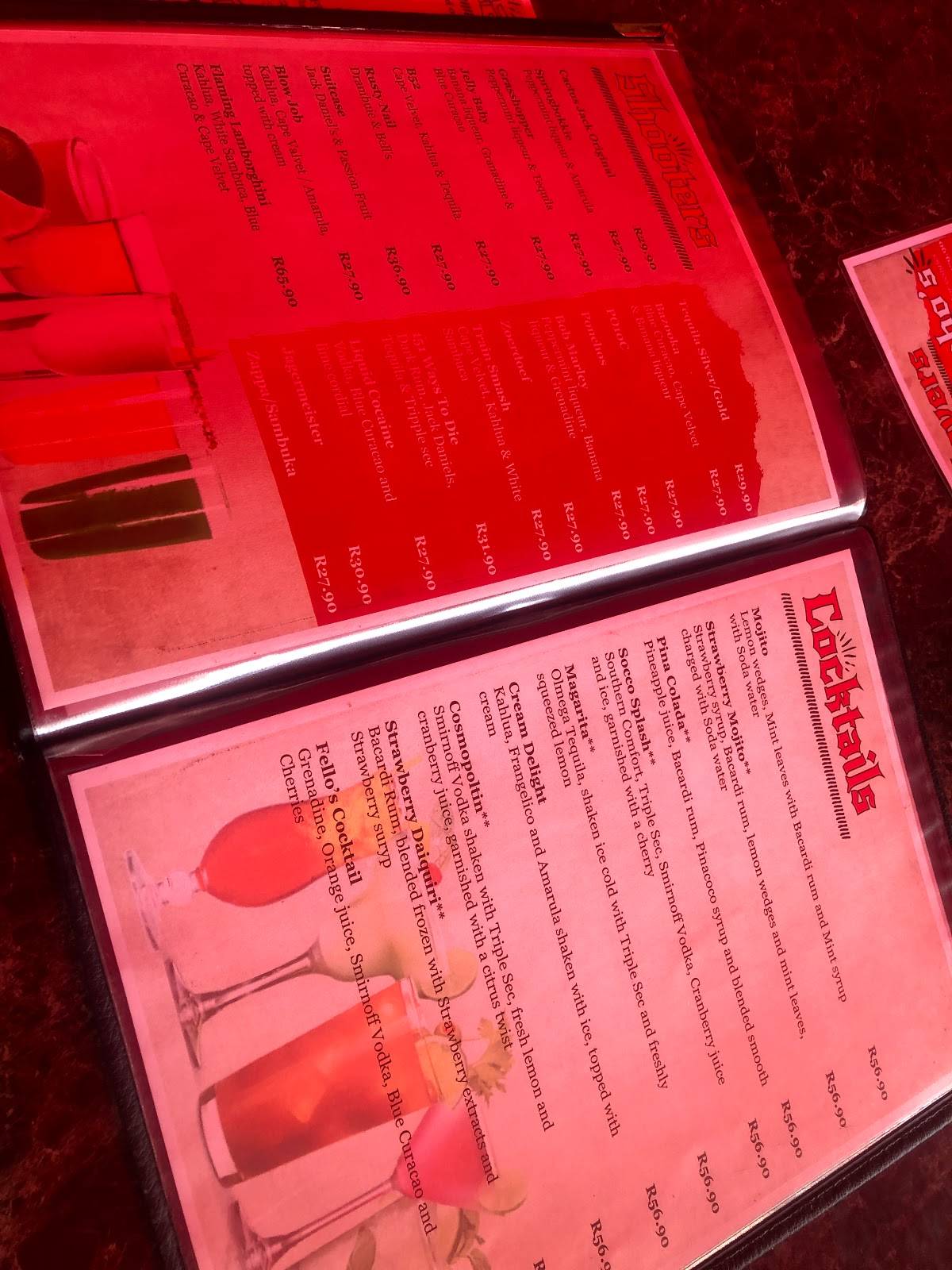 Menu at Rockofellos restaurant, Rustenburg
