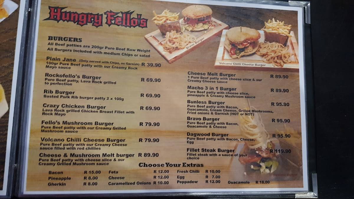 Menu at Rockofellos restaurant, Rustenburg