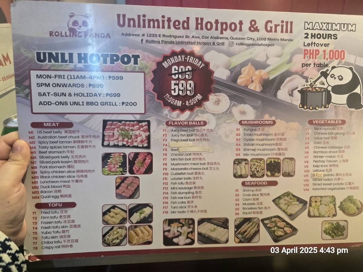 Menu at Rolling Panda Unlimited Hotpot & Grill restaurant, Quezon City