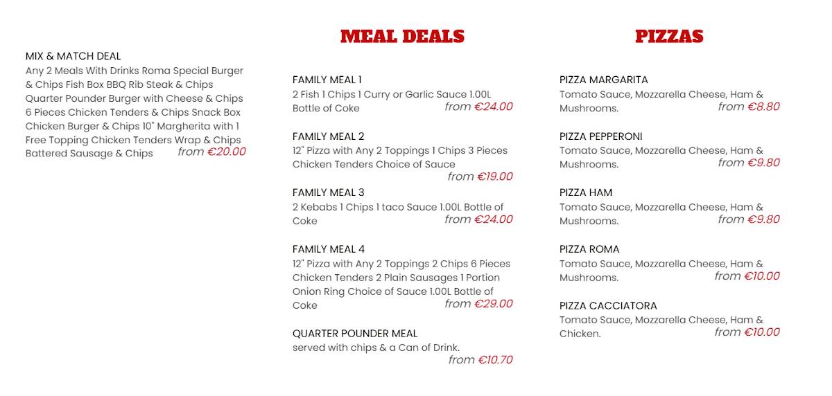 Menu at Roma Takeaway restaurant, Ireland, Unit 4