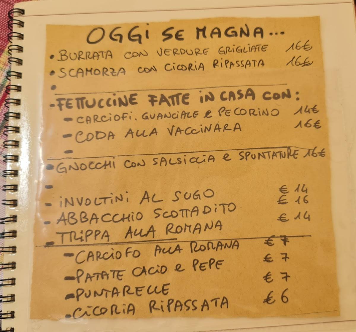 Menu at Antica Hostaria Romanesca restaurant, Rome