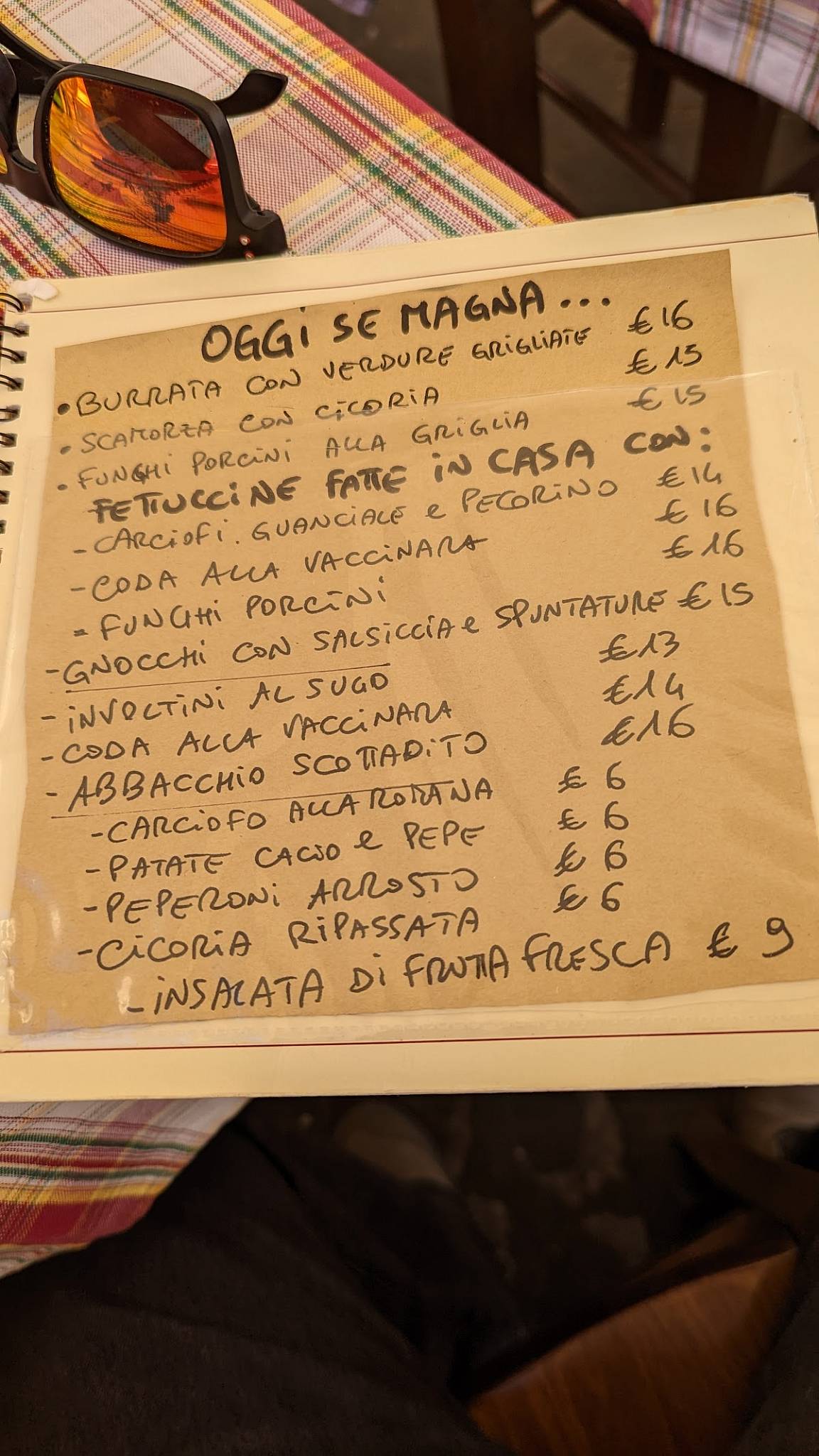 Menu at Antica Hostaria Romanesca restaurant, Rome