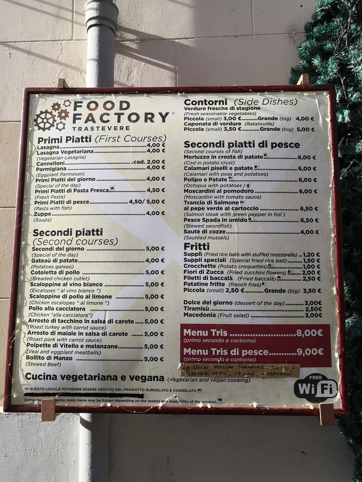 Menu at Food Factory Trastevere restaurant, Rome
