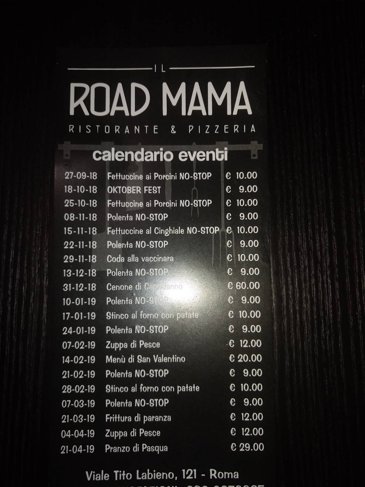 Menu au Road Mama Roma restaurant, Rome