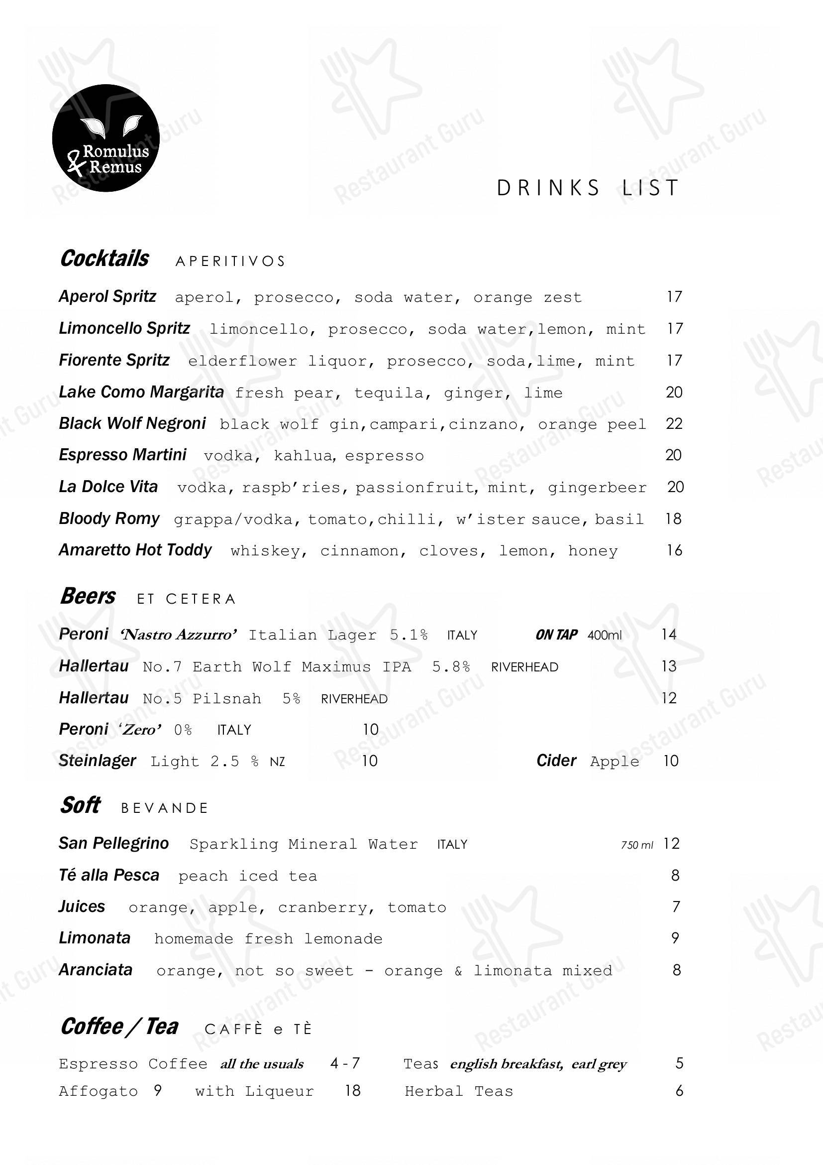 Menu at Romulus and Remus restaurant, Auckland