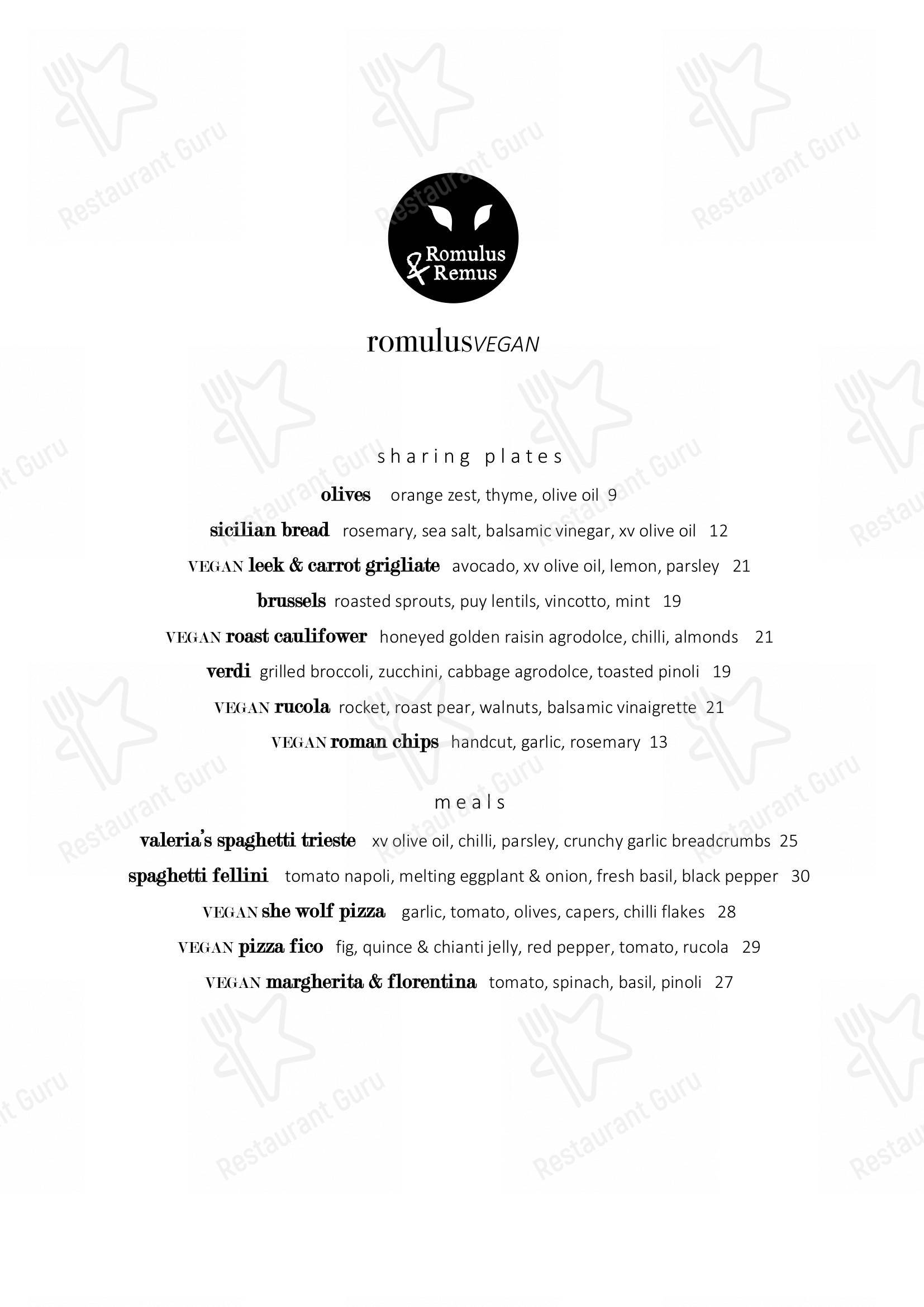 Menu at Romulus and Remus restaurant, Auckland