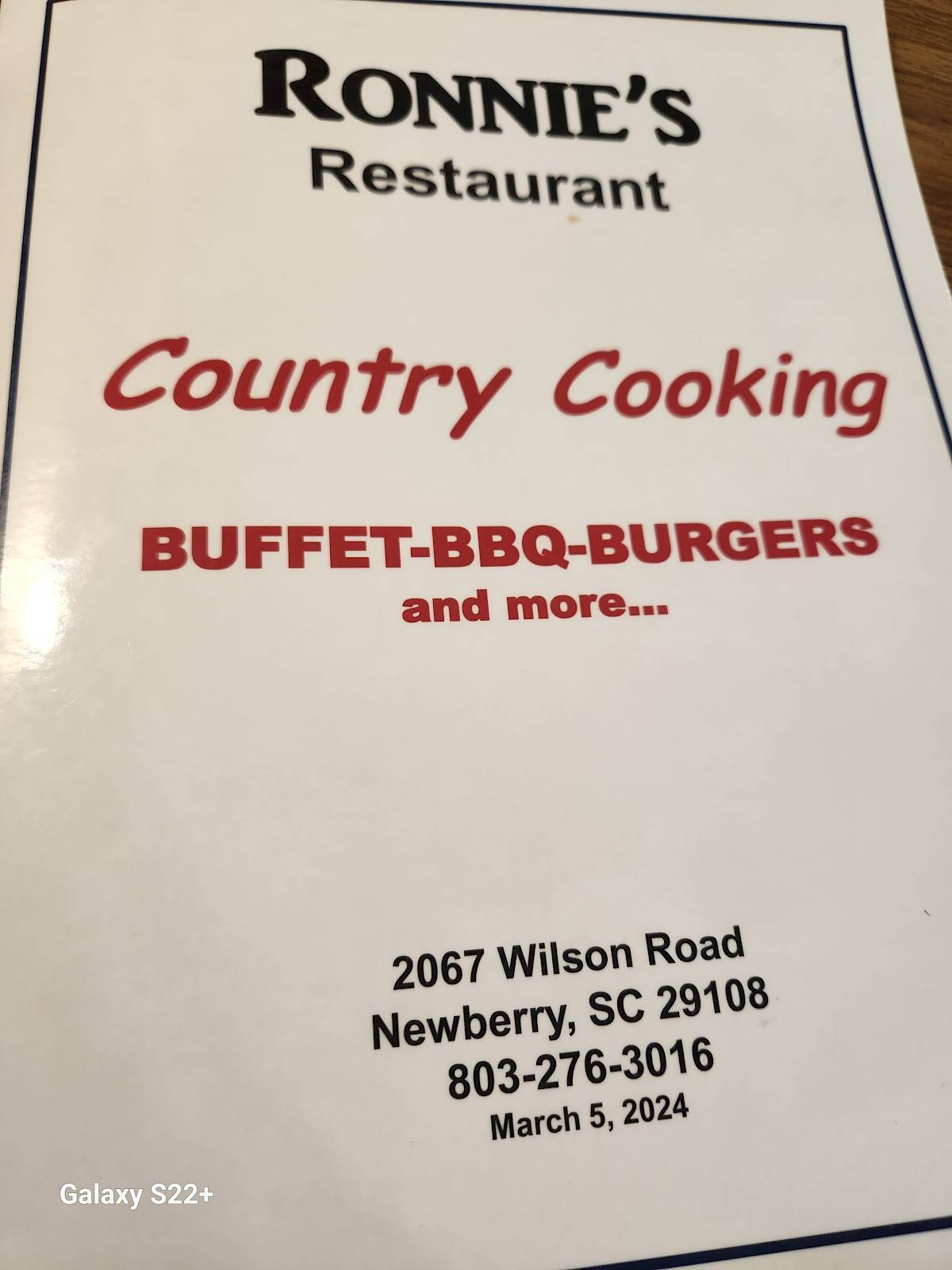 Menu at Ronnie's Buffet And Grill restaurant, Newberry