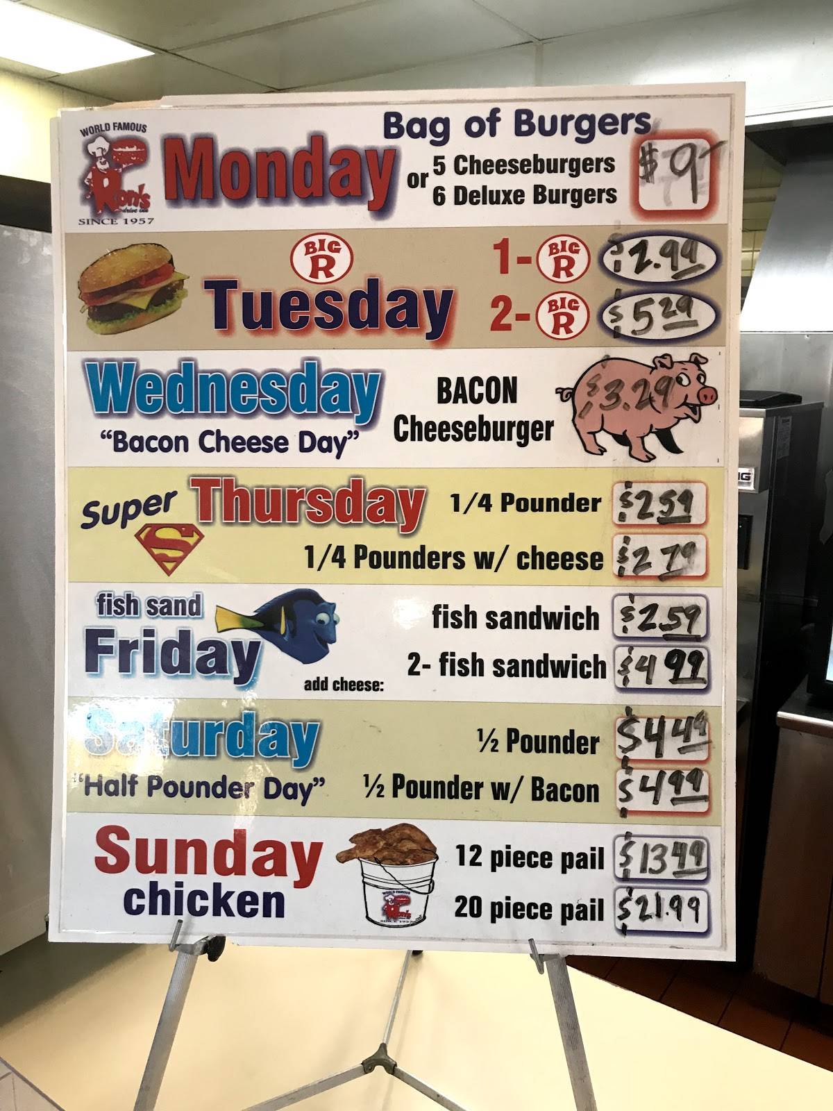 Menu at Ron's Drive-In restaurant, Spokane Valley