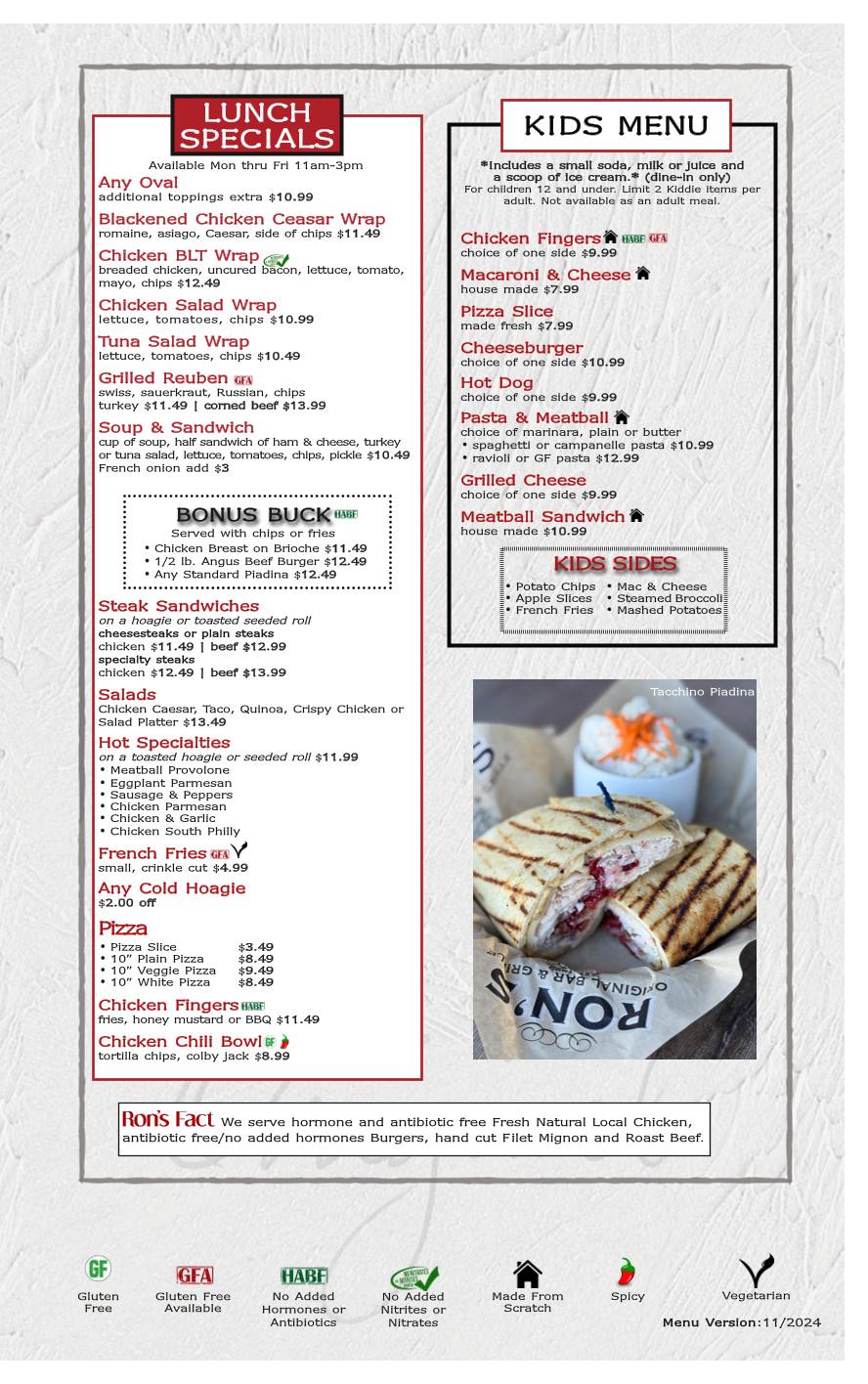 Menu at Ron's Original Bar & Grille, Exton