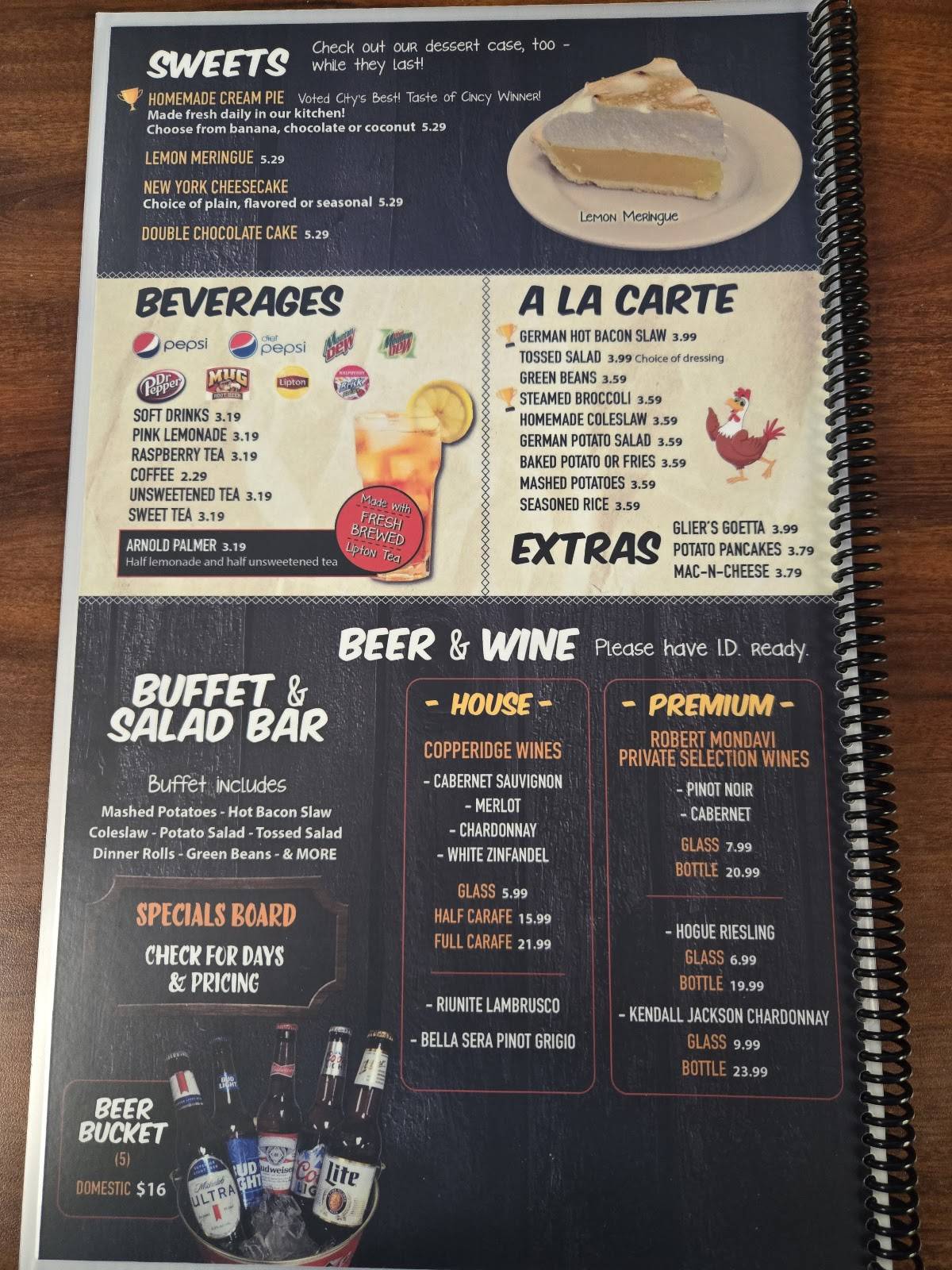 Menu at Ron's Roost restaurant, Cincinnati