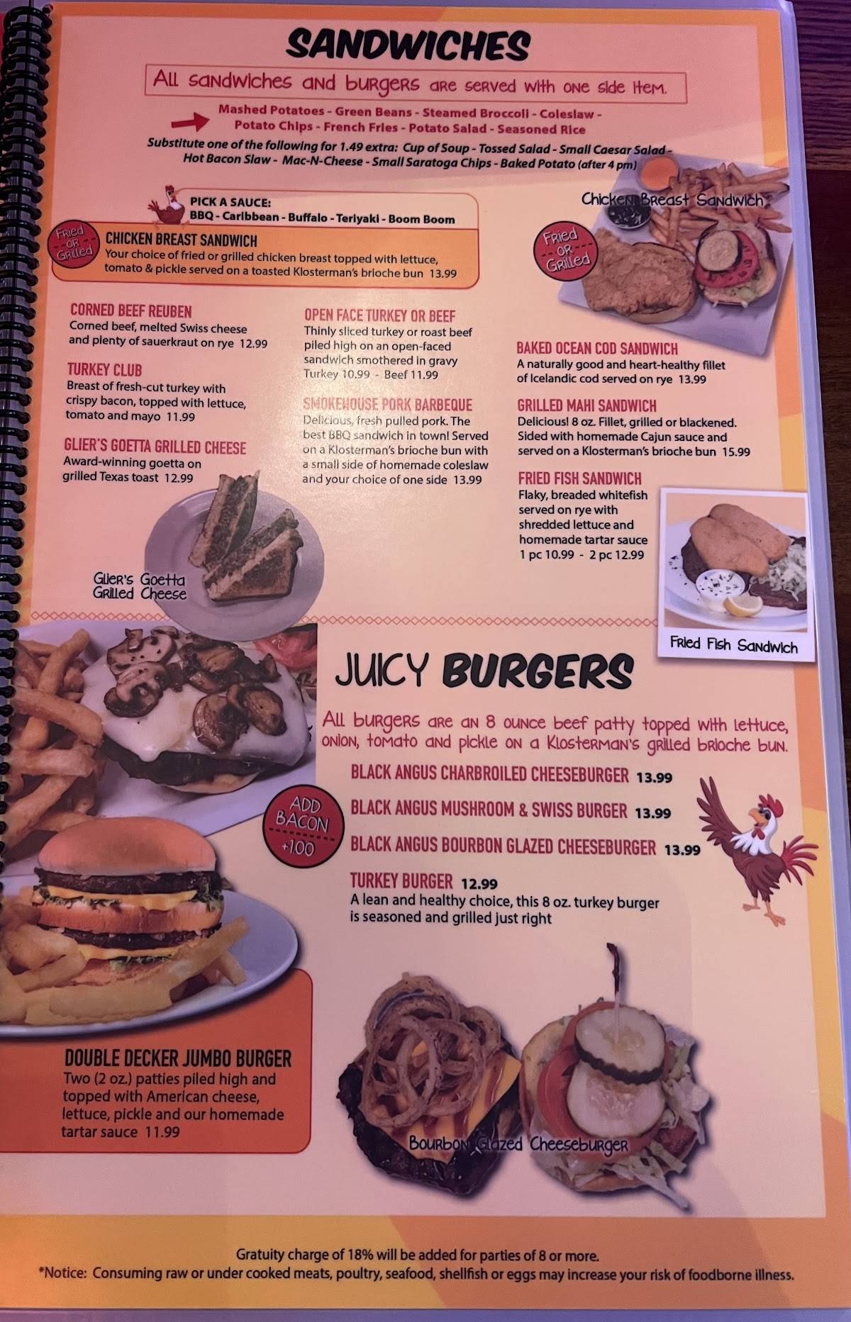 Menu at Ron's Roost restaurant, Cincinnati