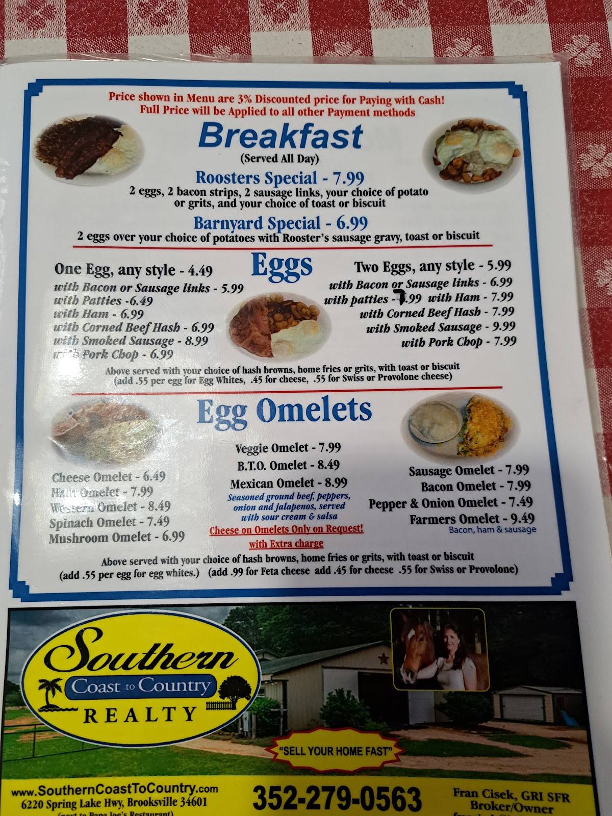 Menu at Roosters Cafe, Brooksville