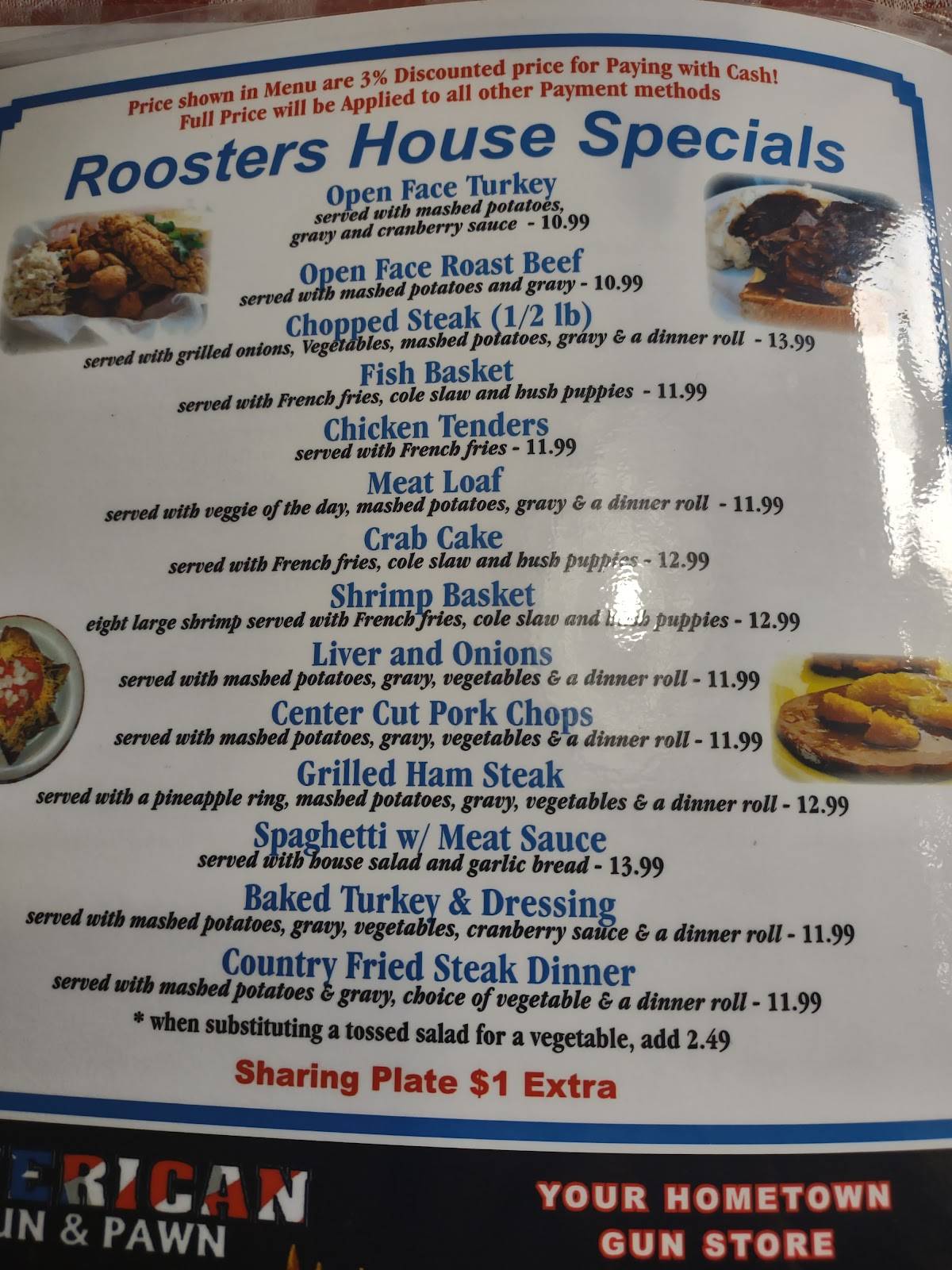 Menu at Roosters Cafe, Brooksville
