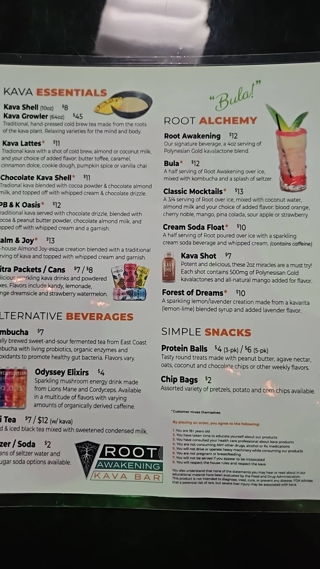 Menu at Root Awakening Kava Bar, Nashua