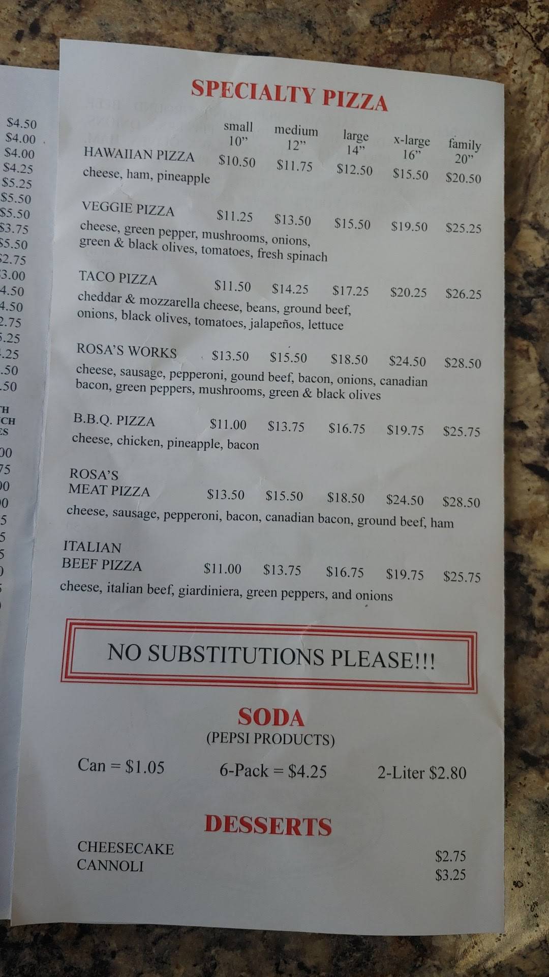 Menu at Rosa's Pizza & Italian Restaurant, Capron