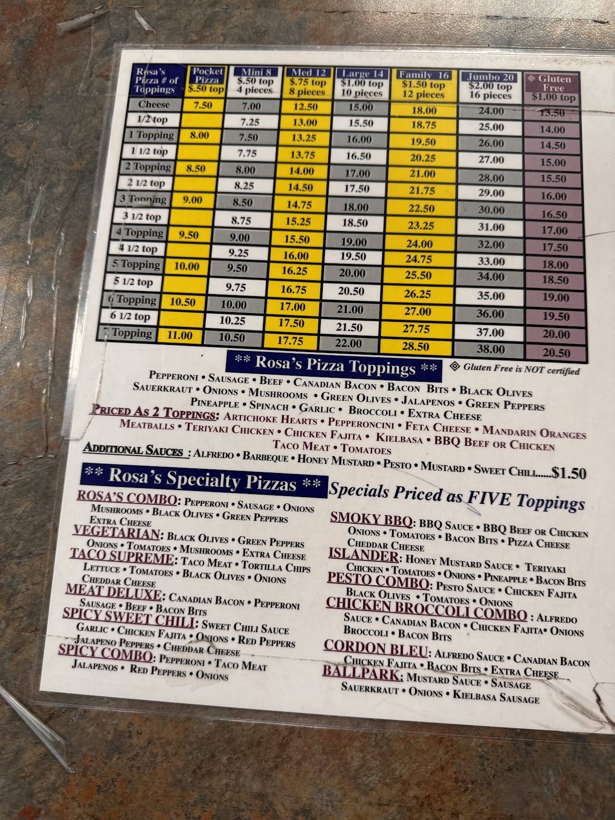 Menu at Rosa's Pizza pizzeria, Bigfork, Montana Hwy 35