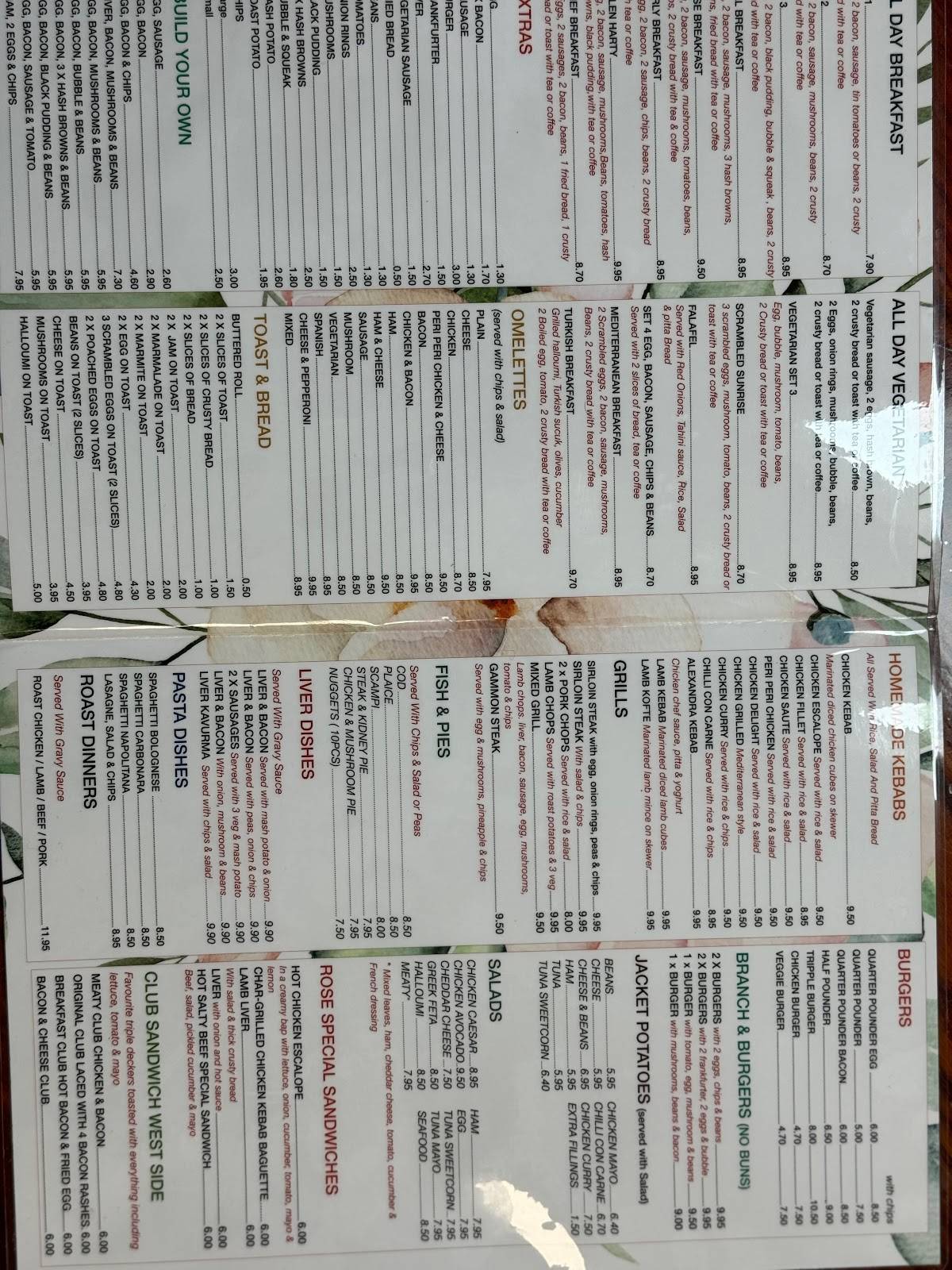 Menu at Rose Cafe, Waltham Cross