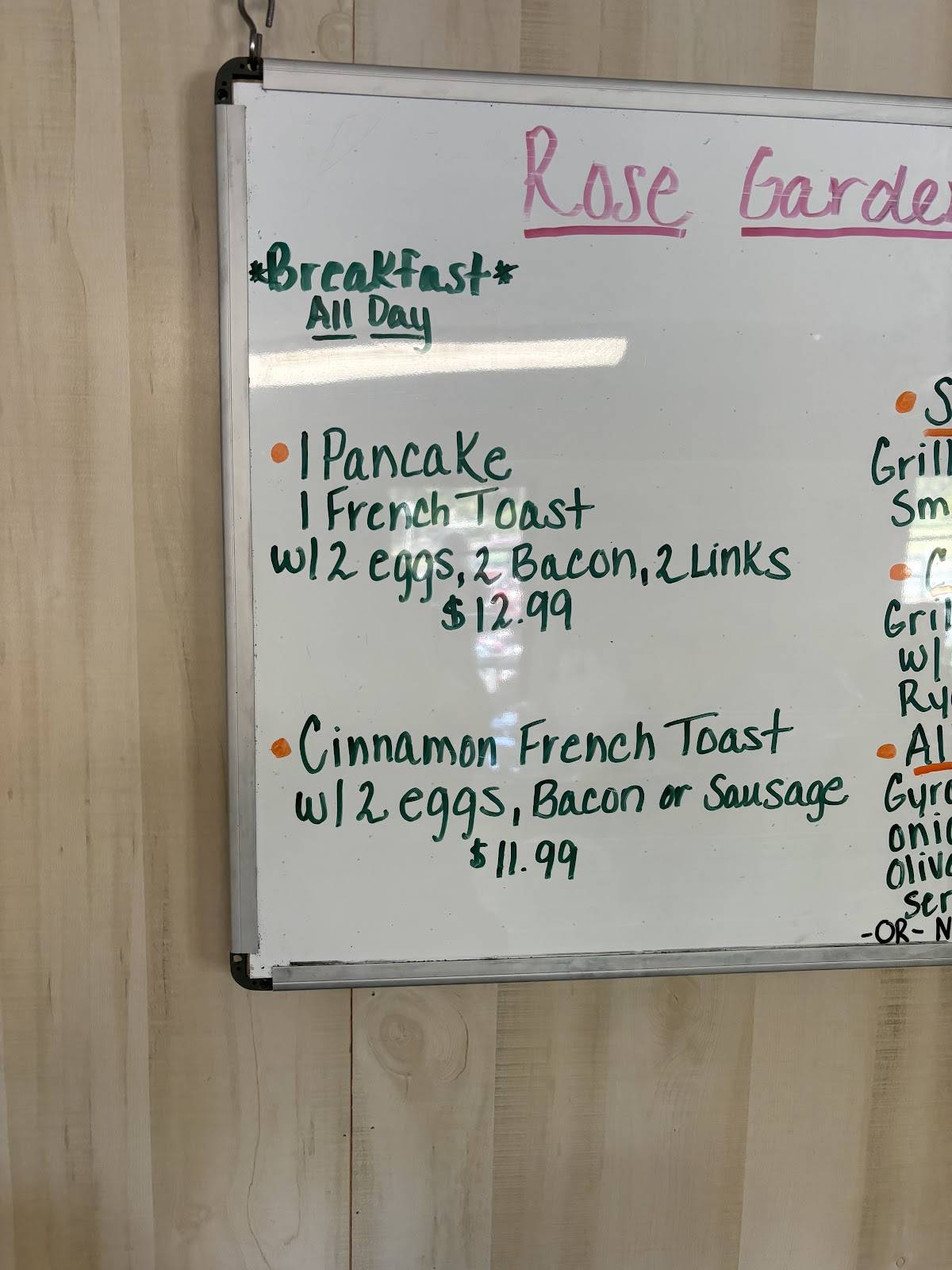 Menu at Rose Garden Family Restaurant, Astor