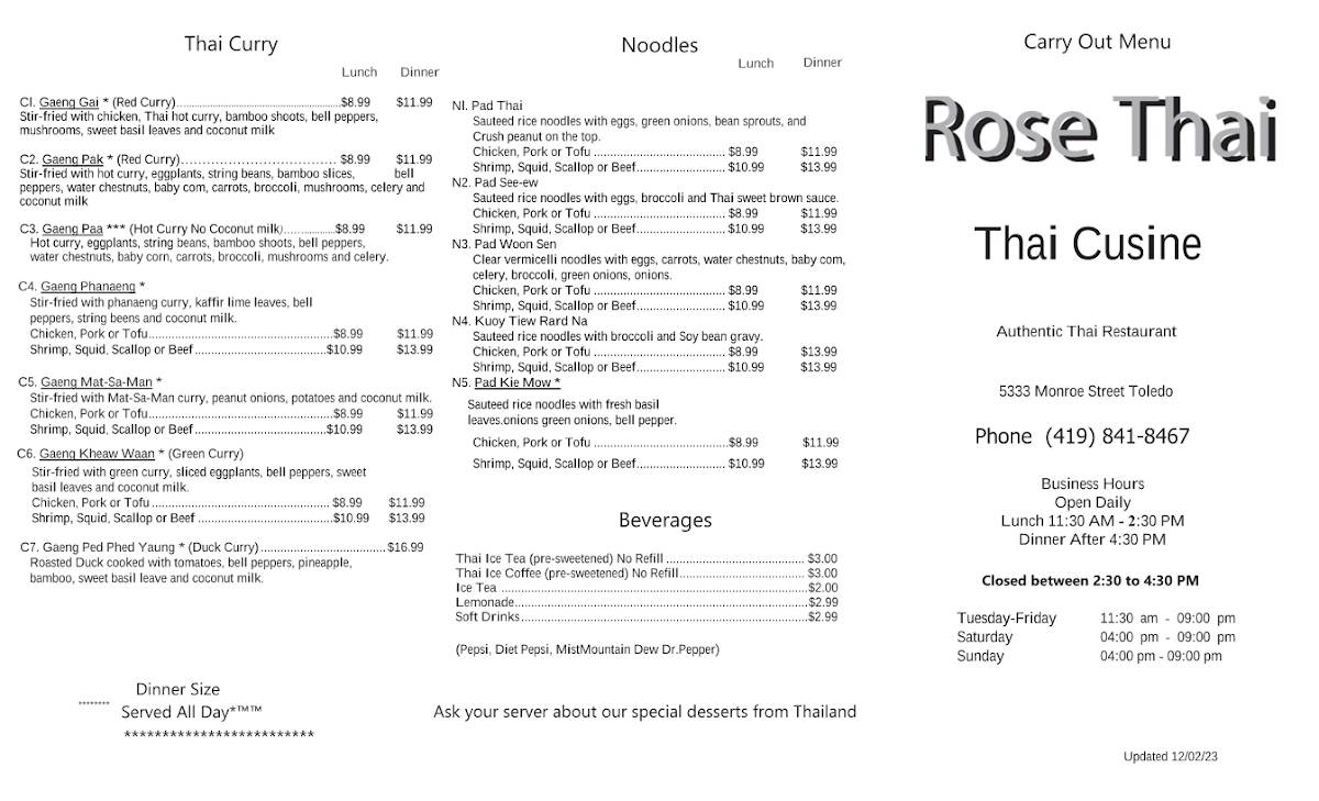 Menu at Rose Thai restaurant, Toledo