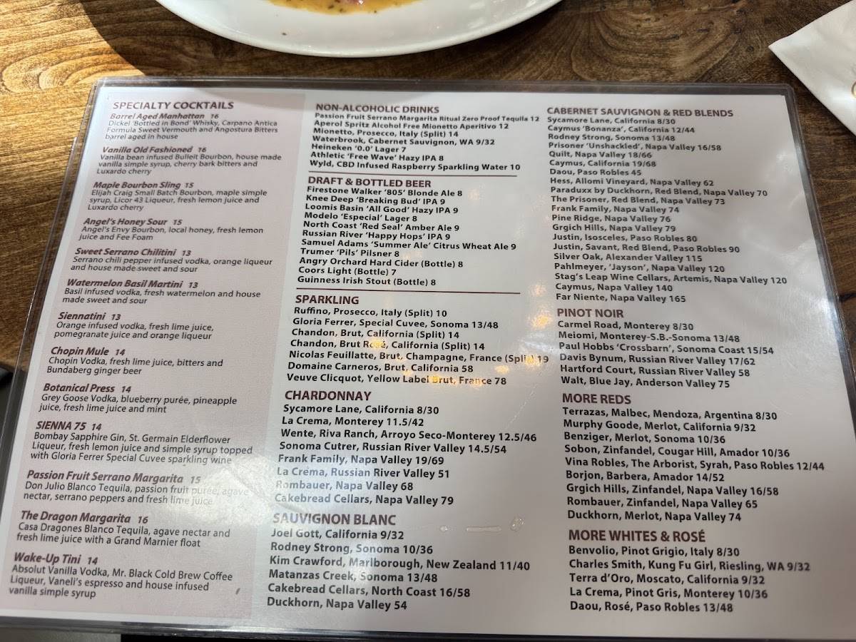 Menu at Sienna Restaurant Roseville, Roseville