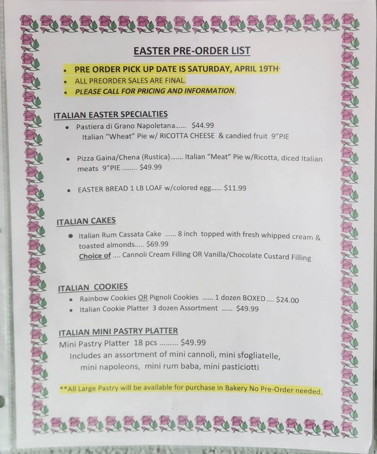 Menu at Rosie's Italian Bakery & NY Style Deli, Daytona Beach