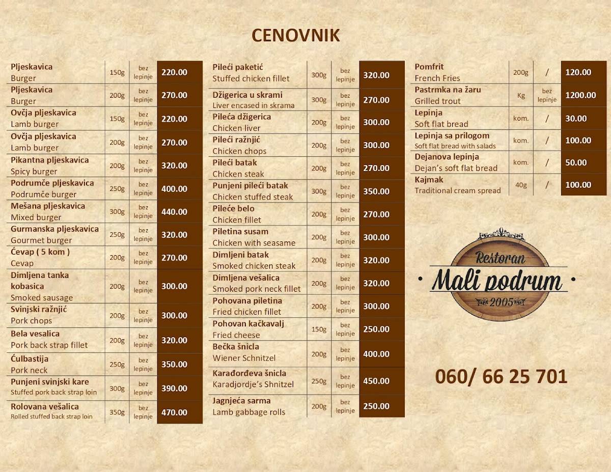 Menu at Roštilj Mali podrum restaurant, Niš