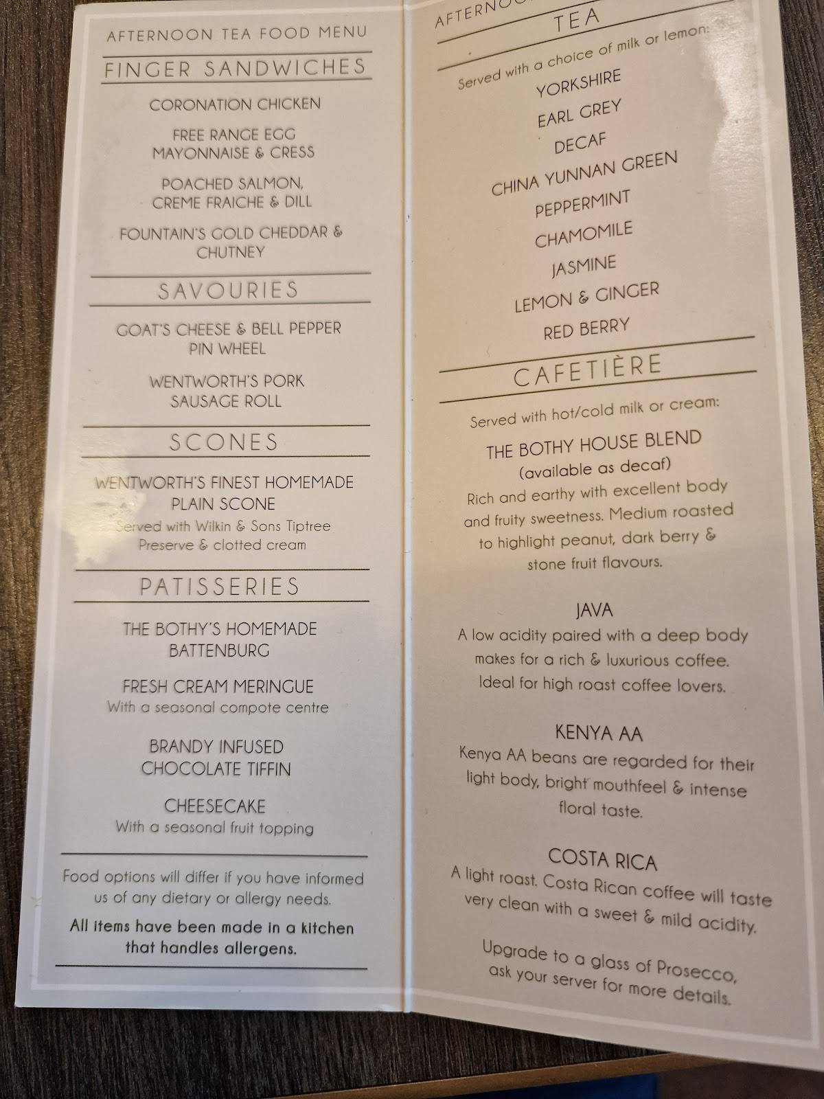 Menu at The Bothy restaurant, Rotherham