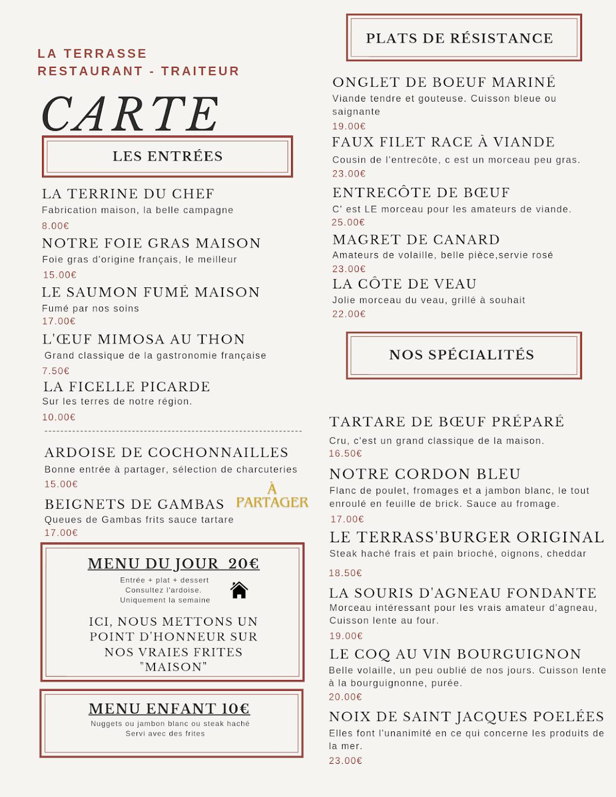 Menu au La Terrasse restaurant, Roupy, Aérodrome de Saint-Quentin - Roupy