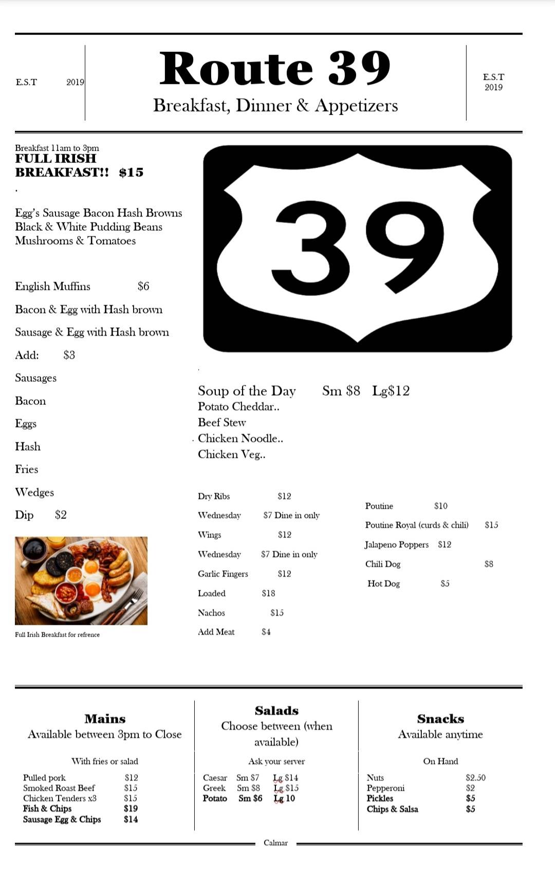 Menu at Route 39 Public House, Calmar