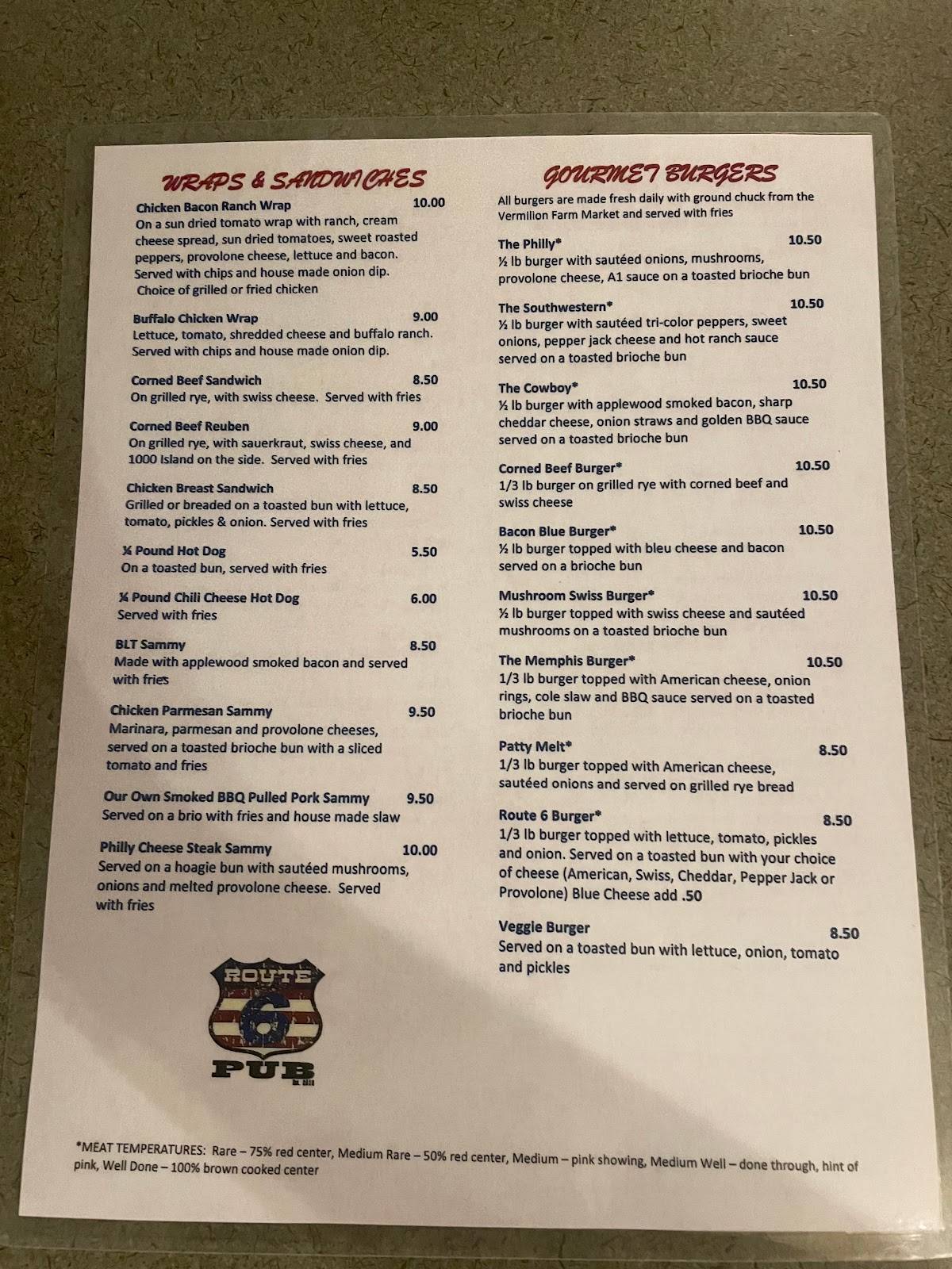 Menu at Route 6 Pub-Vermilion, OH, Vermilion