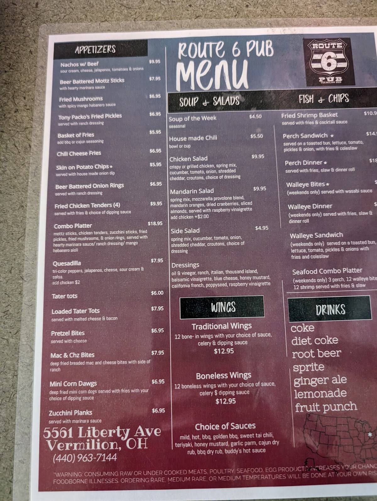 Menu at Route 6 Pub-Vermilion, OH, Vermilion