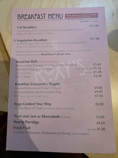 Menu at Roxy's Coffee & Tea House cafe, Oban