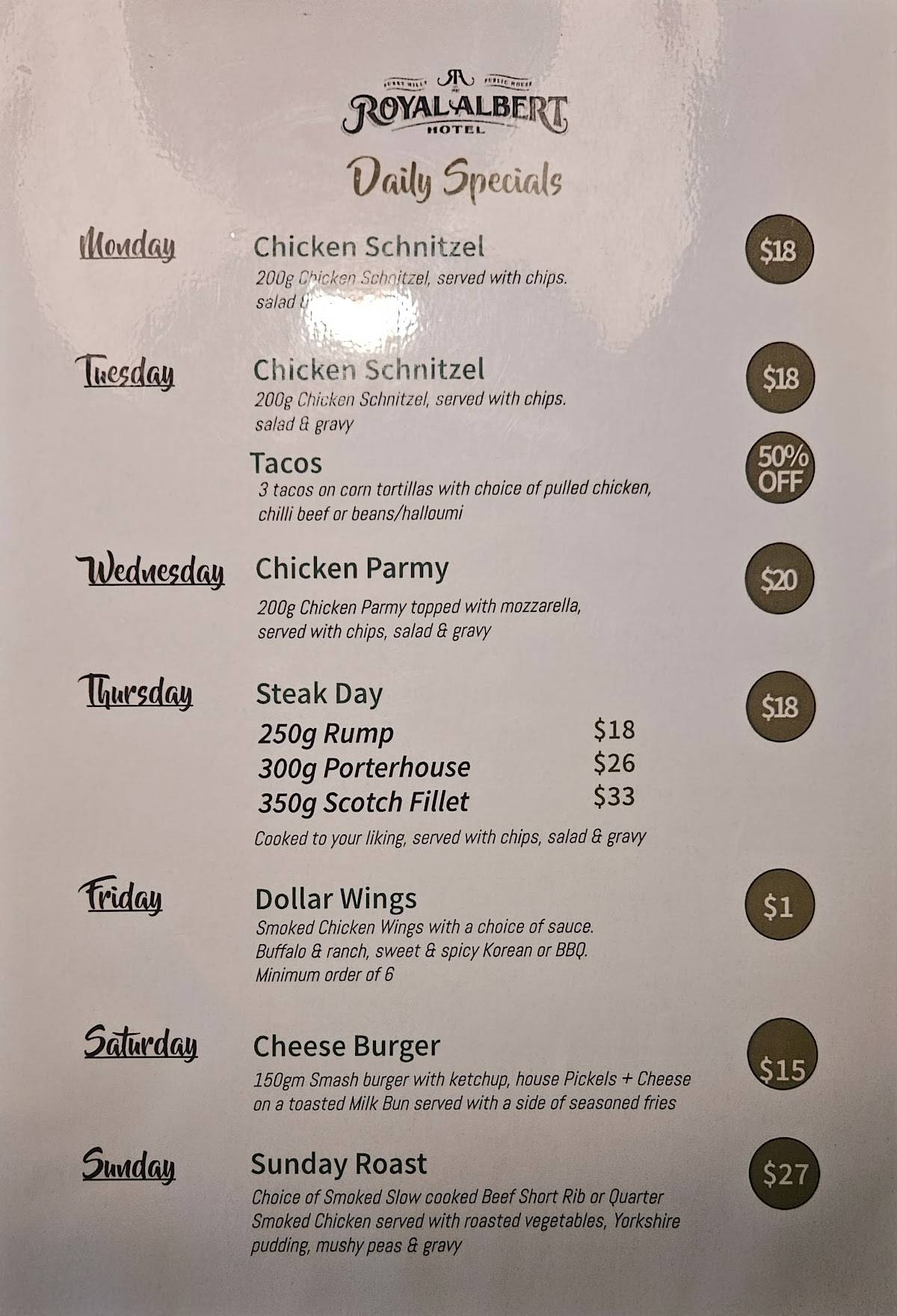 Menu at Royal Albert Hotel pub & bar, Surry Hills